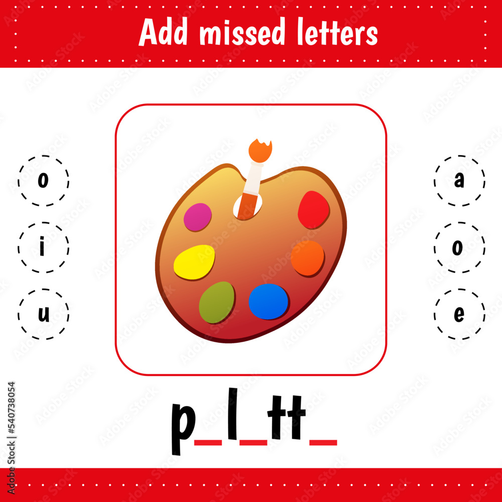 Learning cards for kids. Add missed letters. Palette. Worksheets for ...