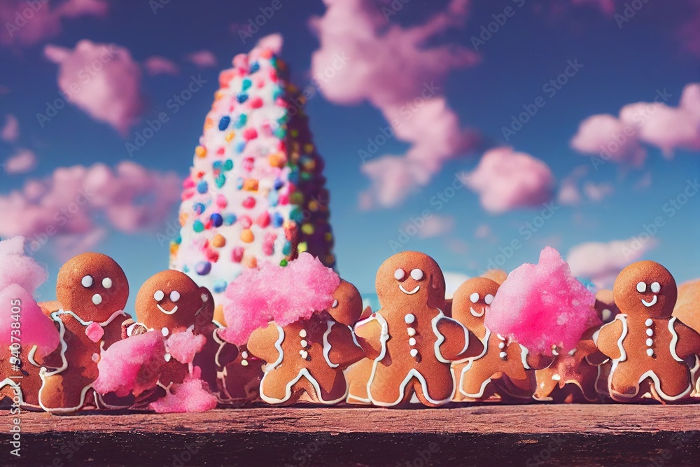 Gingerbread people in a Candy Village with pink cotton candy clouds ...