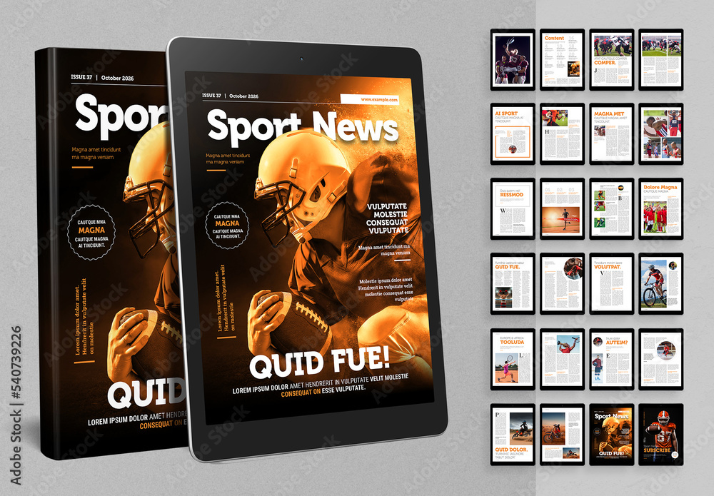 Sport E-Magazine Layout with Orange Accents Stock Template | Adobe Stock