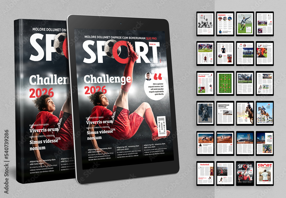 Sport E-Magazine Layout with Red Accents Stock Template | Adobe Stock