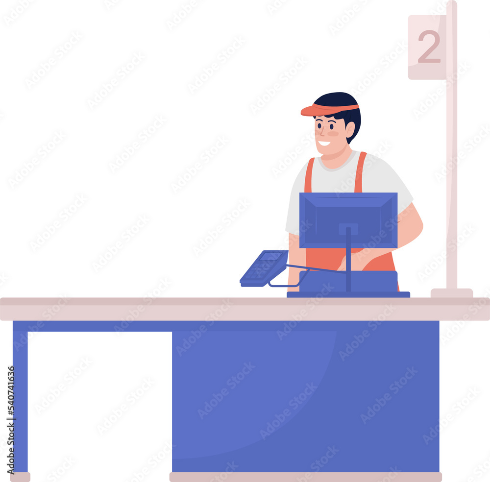 Cashier at register semi flat color raster character. Standing figure ...