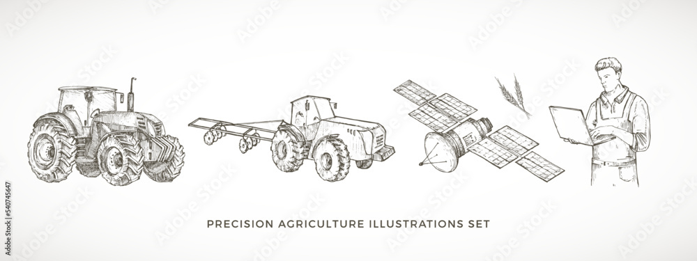 Precision Agriculture Vector Illustrations Set. Hand Drawn Farmer with ...