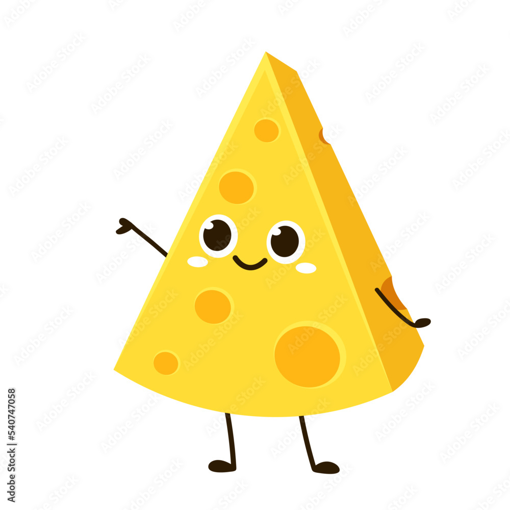 Cute happy cheese character. Funny food emoticon in flat style. Dairy ...