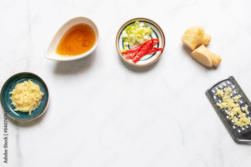 Ingredient for delicious steam with soy sauce. Soy sauce, ginger grate ...