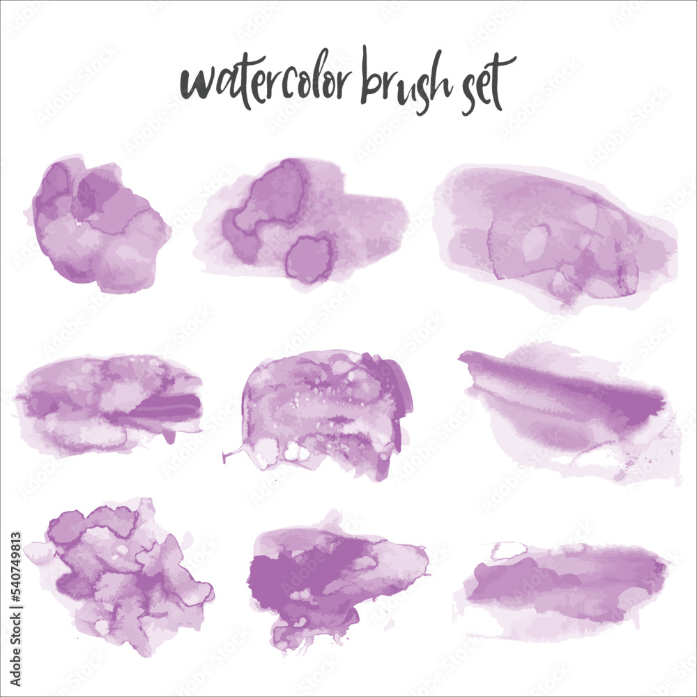 Vector purple watercolor brush stroke set. Abstract polish splash trace ...