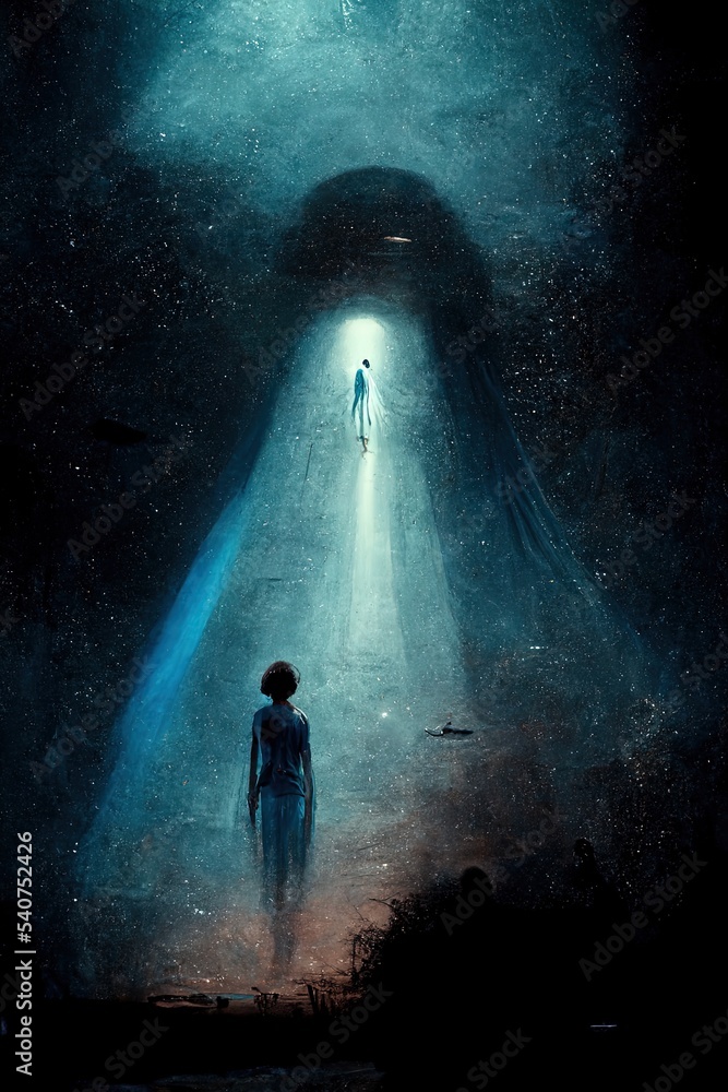 Sci fi scene with alien abduction. Man being abducted by alien space ship. Stock Illustration ...