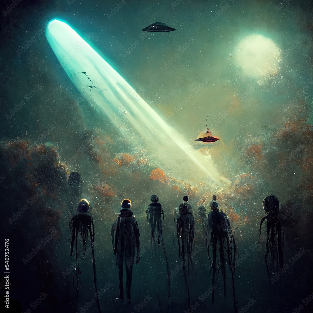 Sci fi scene with alien abduction. Man being abducted by alien space ...