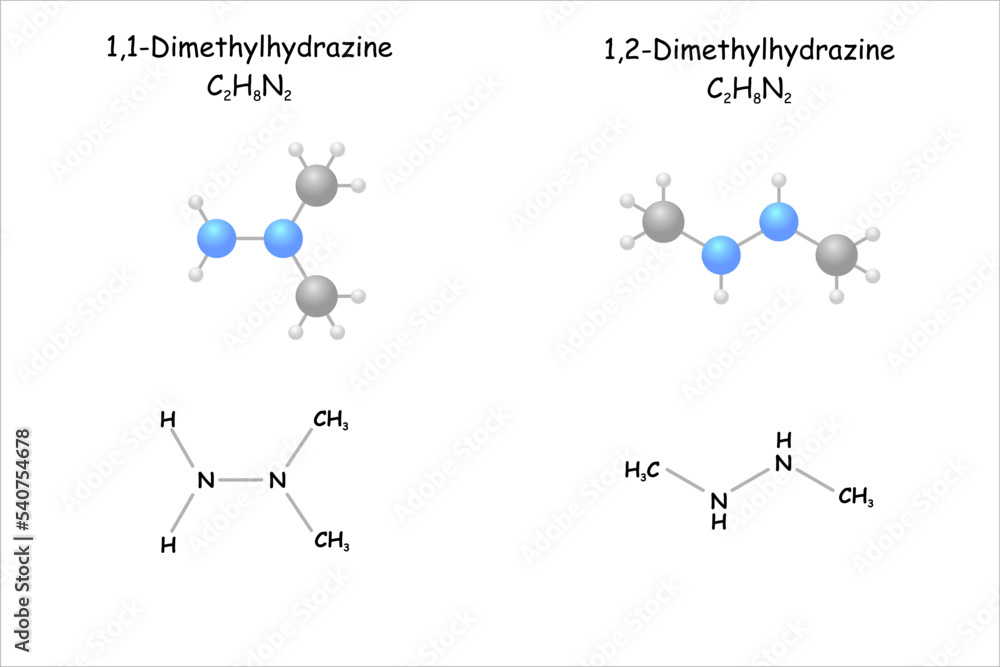 Stylized molecule model/structural formula of dimethylhydrazine. Stock ...