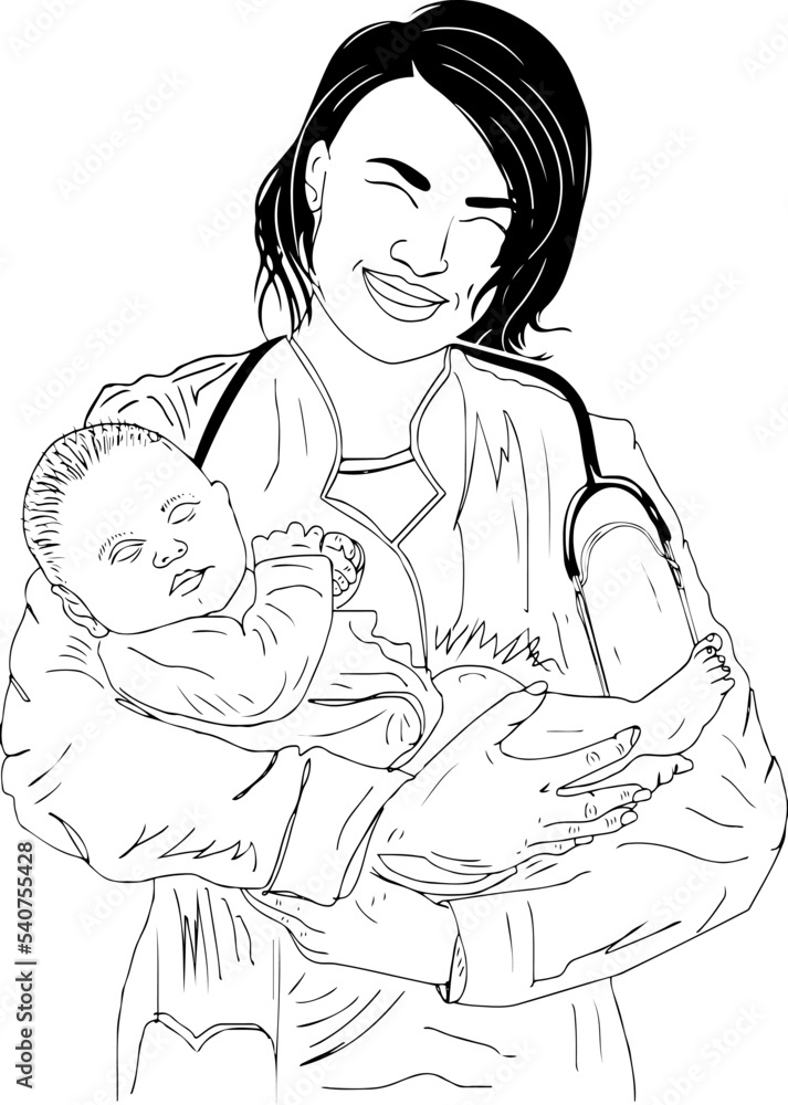 Female paediatrician doctor holding newborn baby, Vector illustration ...