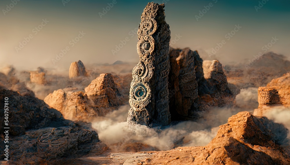 An ancient ruined city, stone ruins, arches, pillars, a magical portal ...