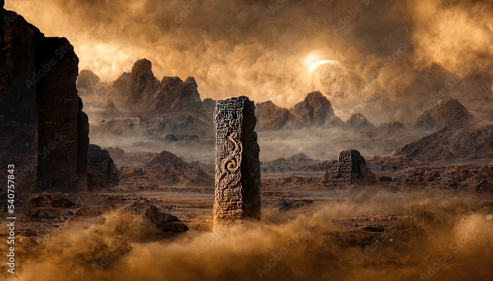 An ancient ruined city, stone ruins, arches, pillars, a magical portal ...