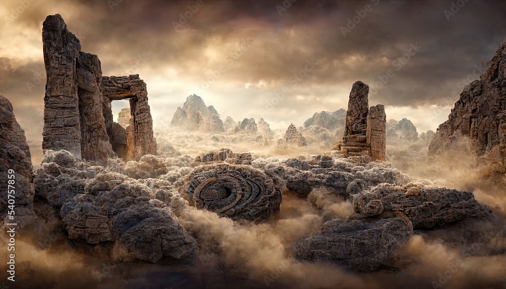 An ancient ruined city, stone ruins, arches, pillars, a magical portal ...