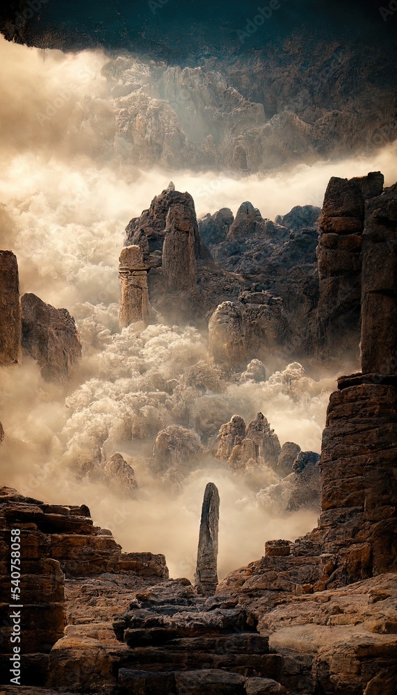 An ancient ruined city, stone ruins, arches, pillars, a magical portal ...