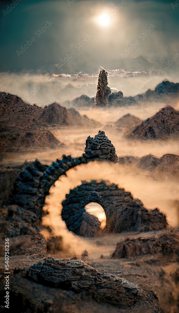 An ancient ruined city, stone ruins, arches, pillars, a magical portal ...