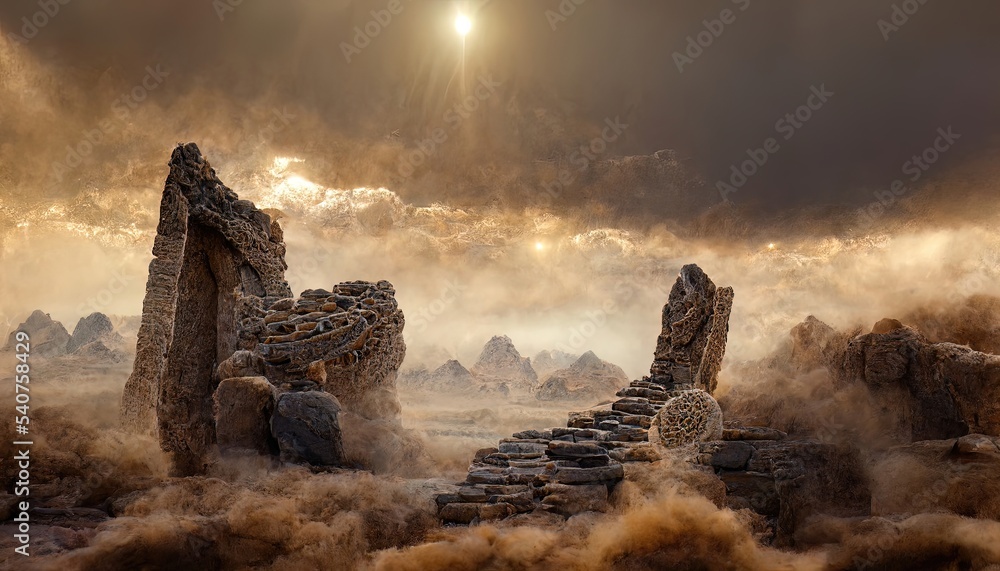 An ancient ruined city, stone ruins, arches, pillars, a magical portal ...