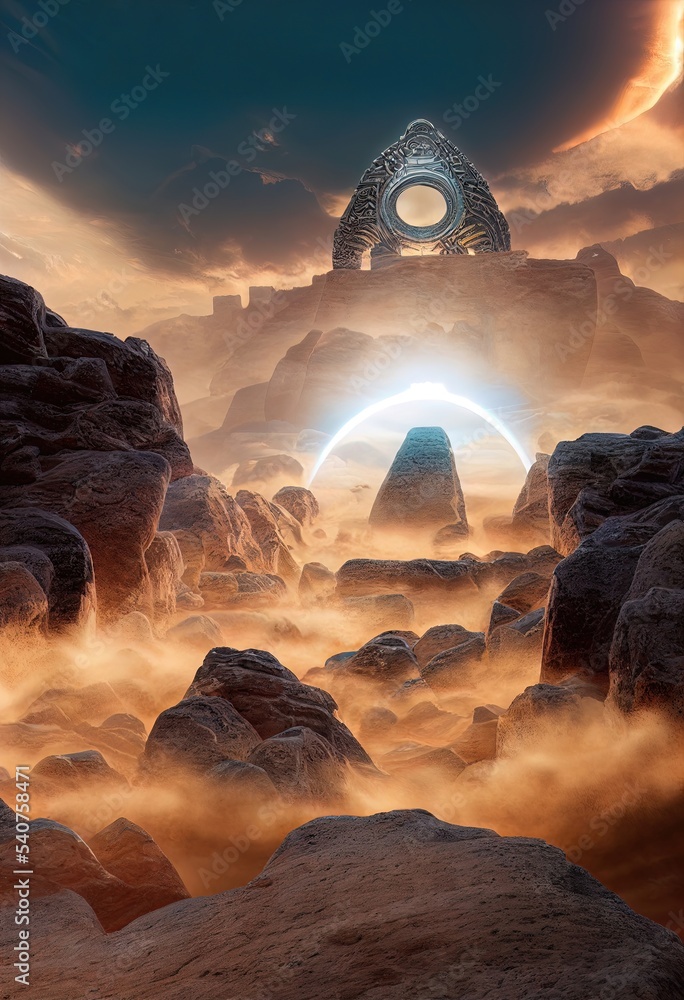 An ancient ruined city, stone ruins, arches, pillars, a magical portal ...