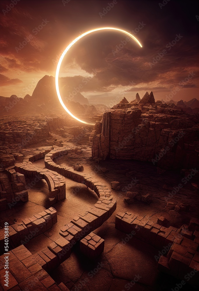 An ancient ruined city, stone ruins, arches, pillars, a magical portal ...