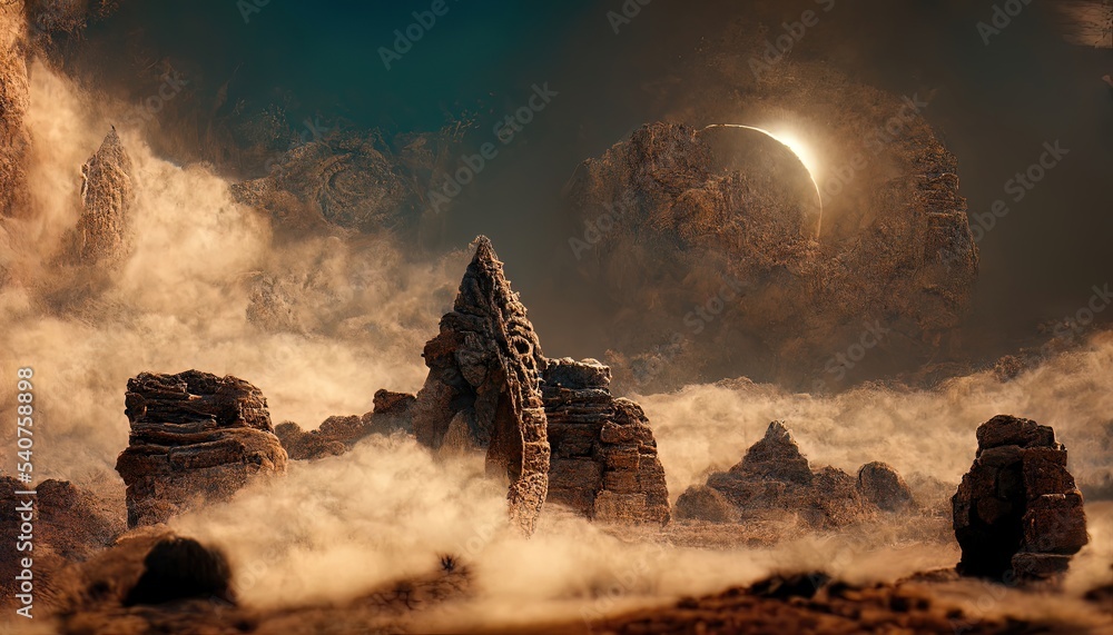 An ancient ruined city, stone ruins, arches, pillars, a magical portal ...