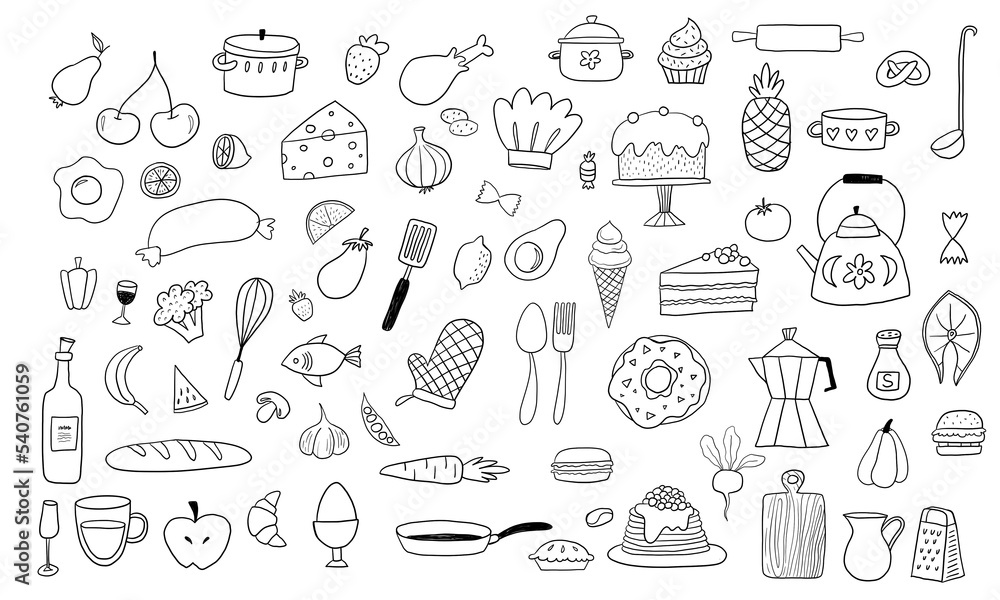Food doodle hand drawn sketch symbols and objects. Set of kitchen and ...