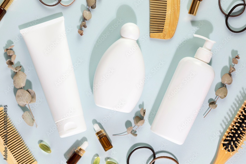 Hair cosmetics. Hair care card with shampoo and conditioner bottles ...