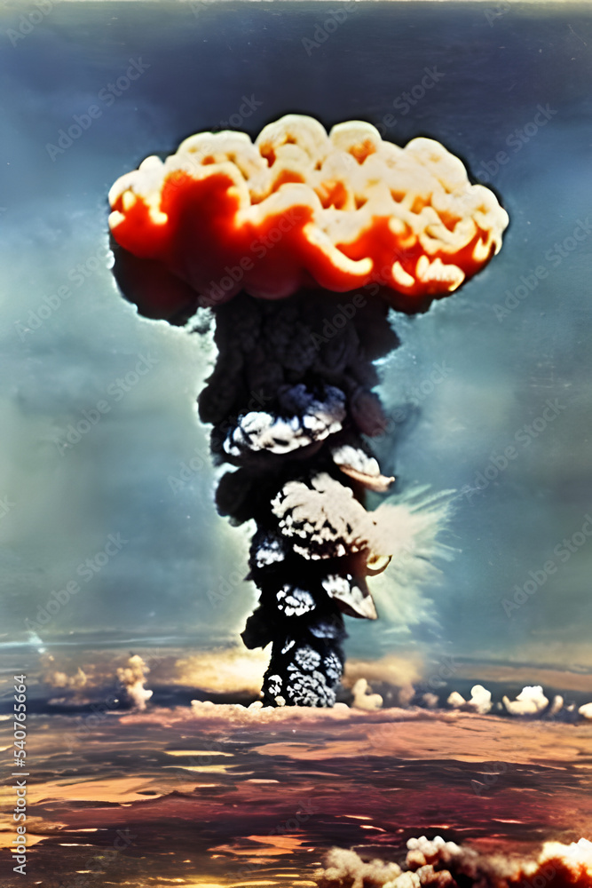 an old autochrome photograph of an atomic bomb explosion with mushroom ...