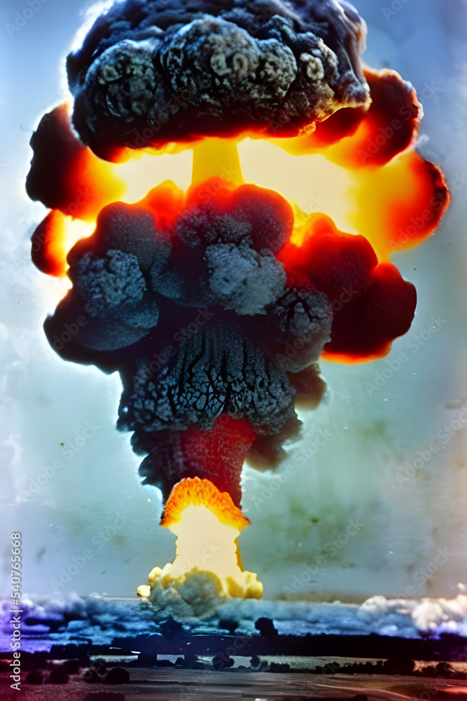 an old autochrome photograph of an atomic bomb explosion with mushroom ...