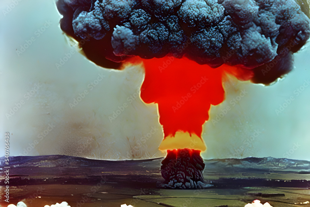 an old autochrome photograph of an atomic bomb explosion with mushroom ...