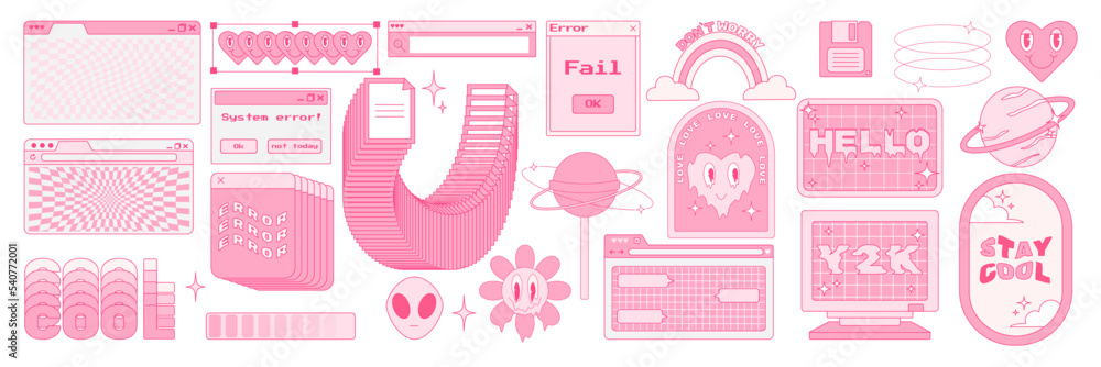 Big sticker set in trendy y2k style. Old computer aestethic. Retro pc ...