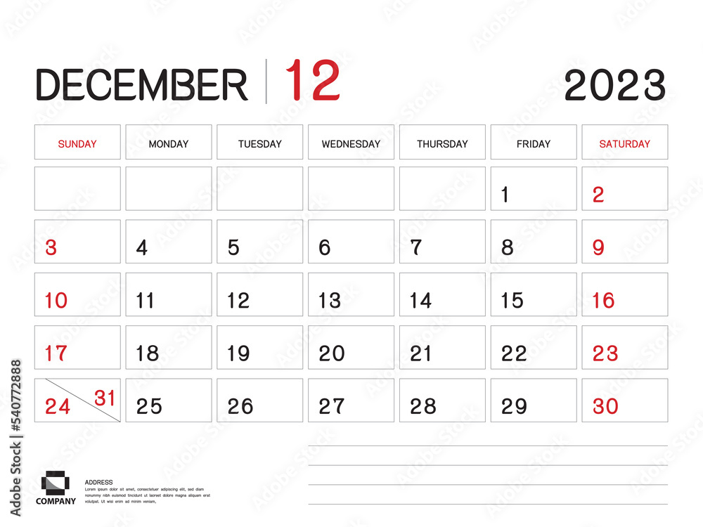 Calendar 2023 Vector- December 2023 year planner template, Desk ...