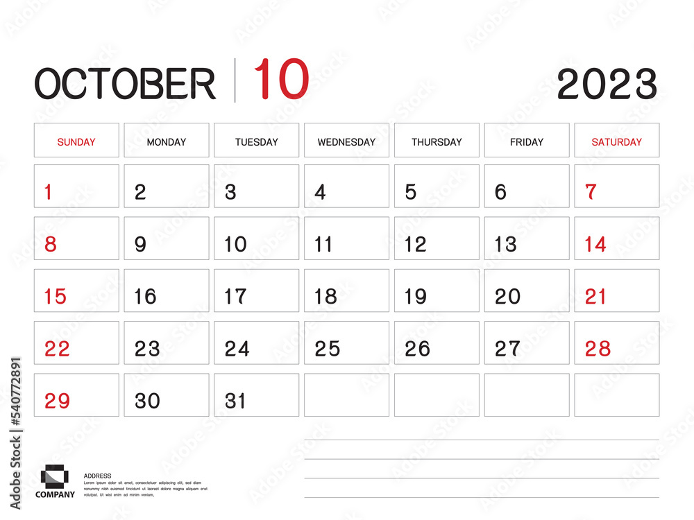 Calendar 2023 Vector- October 2023 year planner template, Desk Calendar ...