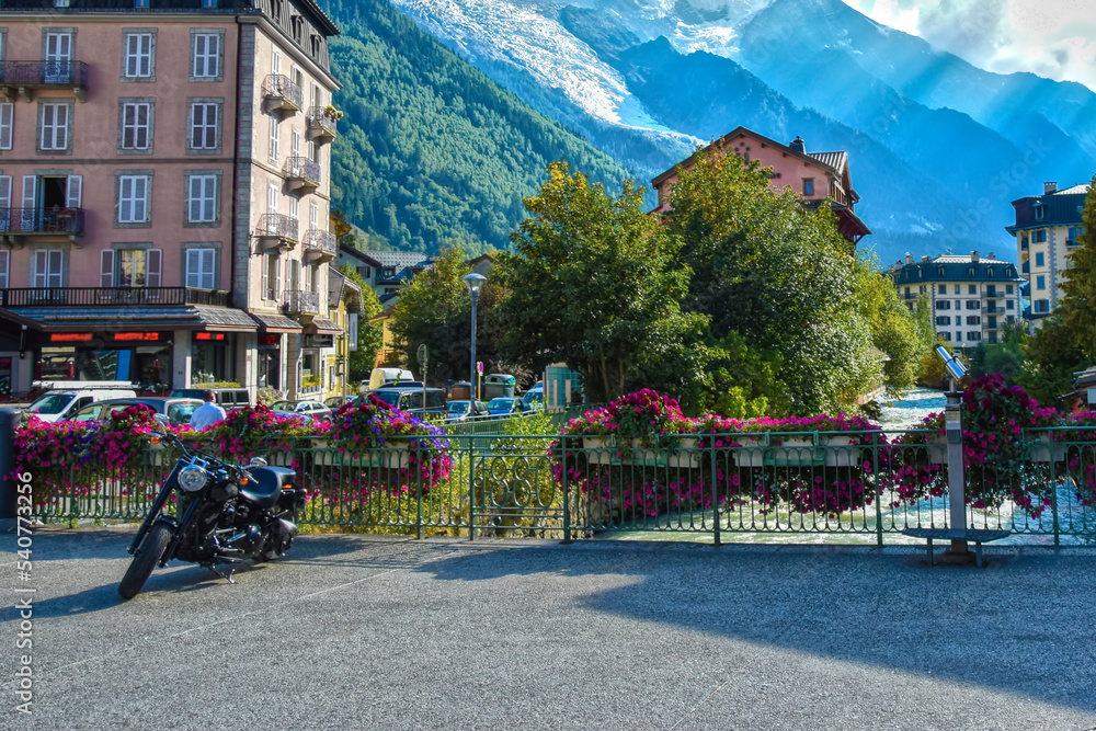 CHAMONIX, FRANCE. View of the Arve river and Mont-Blanc massif from the ...