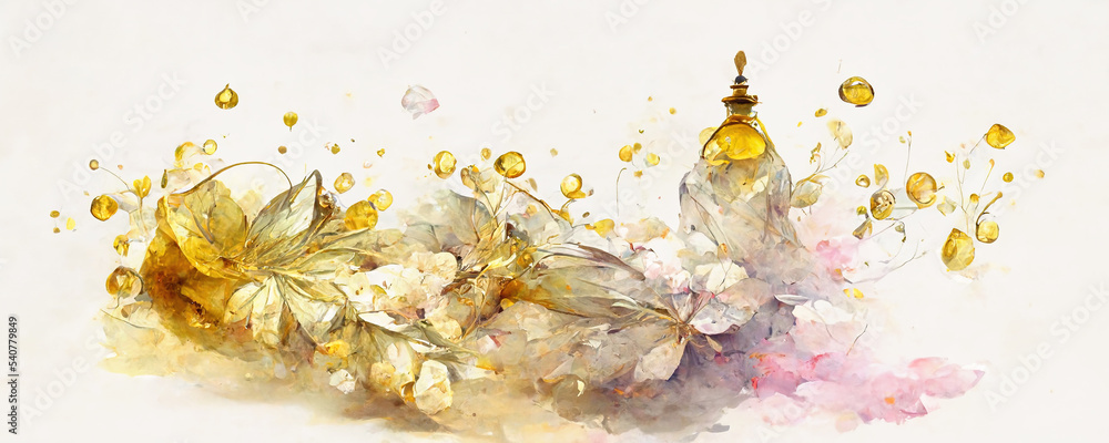 Gorgeous Flower golden flower leaf with gold crystals, watercolor ...
