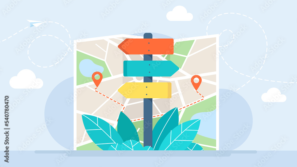 Direction sign post with arrow set on the background of the map. Choice ...