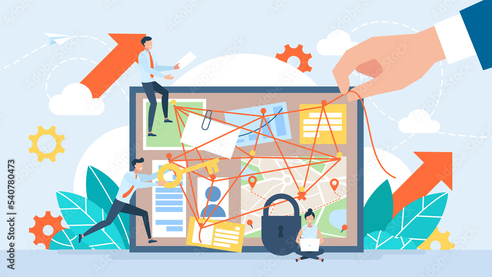 Conspiracy theory. Bamboo board with attached evidence, facts ...