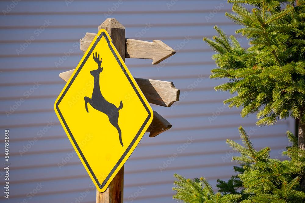Deer crossing warning yellow sign, California, USA. Caution wild ...