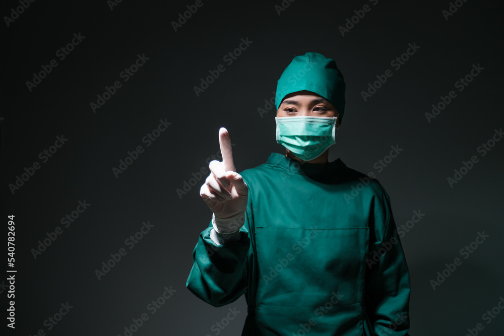 Female doctor surgeon finger interaction mockup gesture wearing scrub ...