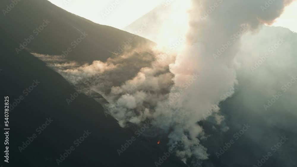 Volcanic eruption on the peninsula. Flowing lava and craters. An ...