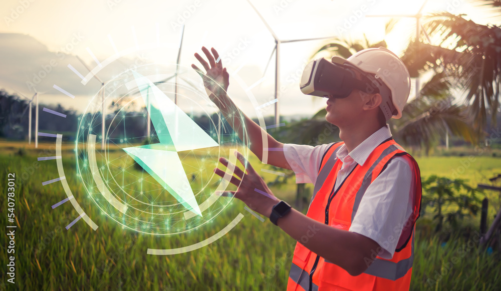 Foto de Engineer wearing VR technology simulation control graphical ...