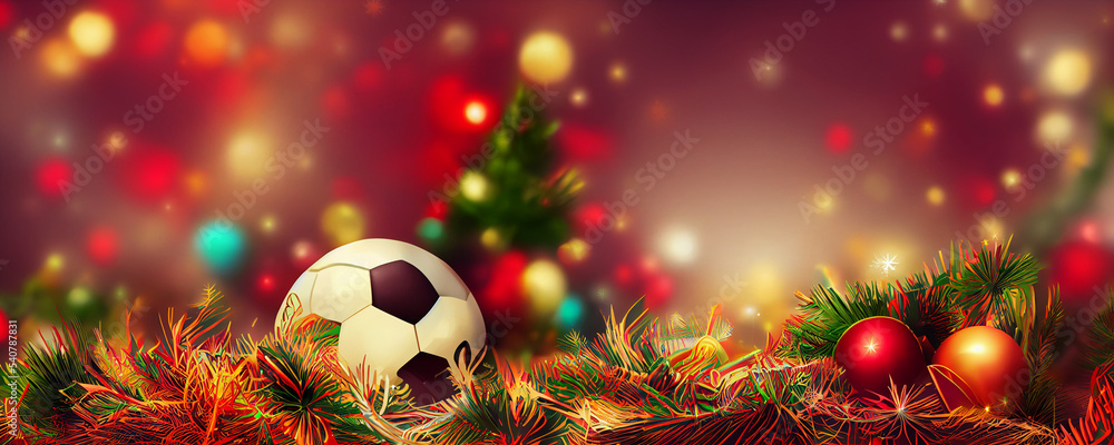 christmas soccer ball on the grass with decorations and lights Stock ...