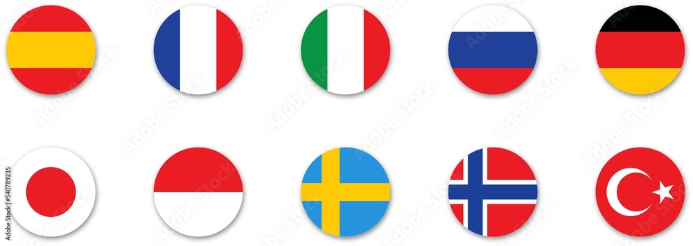 National flags icons vector, main flag languages set. Germany, Russia ...