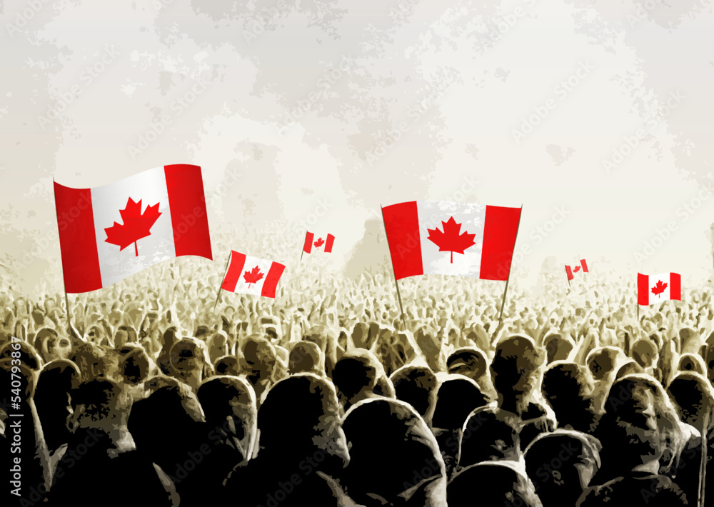 Crowd with the flags of Canada, people cheering national team of Canada ...