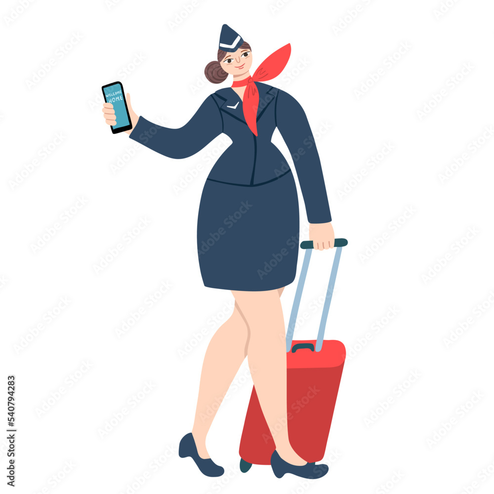 Flight attendant with suitcase and smartphone walks through the airport ...