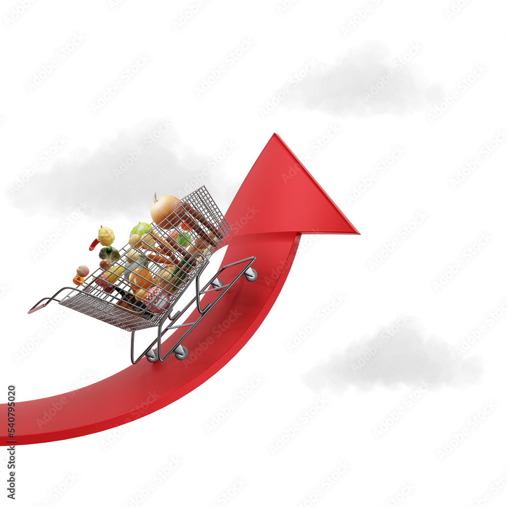 Food cost rising concept, stagflation and inflation. Shopping cart full ...