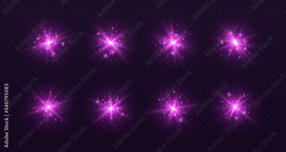 Lens flares with sparkles, pink starbursts set, shiny camera flashes ...