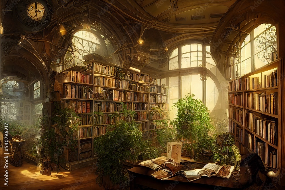 Steampunk old synthwave library with plants illustration Stock ...