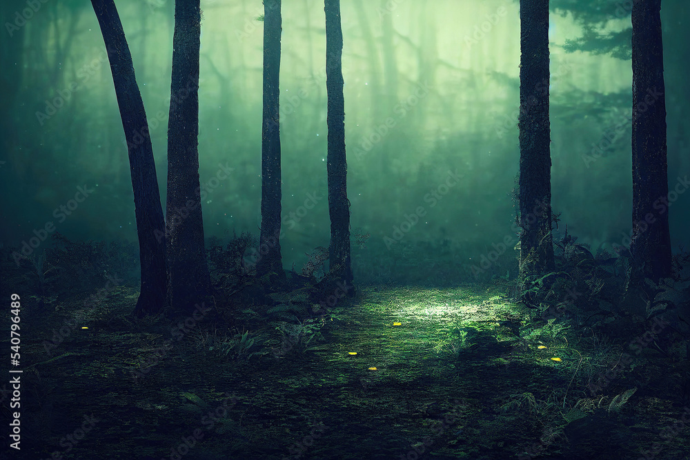 Magical fairy tale forest landscape background with fog and light Stock ...