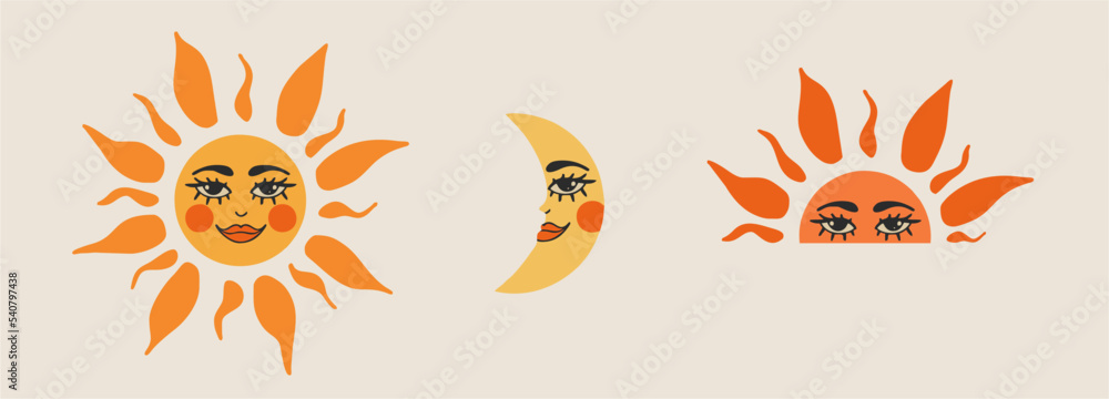 Sun, sunset and moon with boho style face. Can be used as a print for t ...
