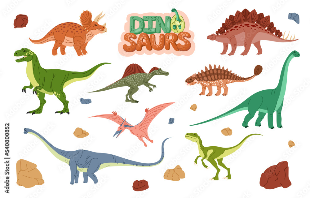 Cartoon dinosaur characters and dino eggs. Vector prehistoric monster ...