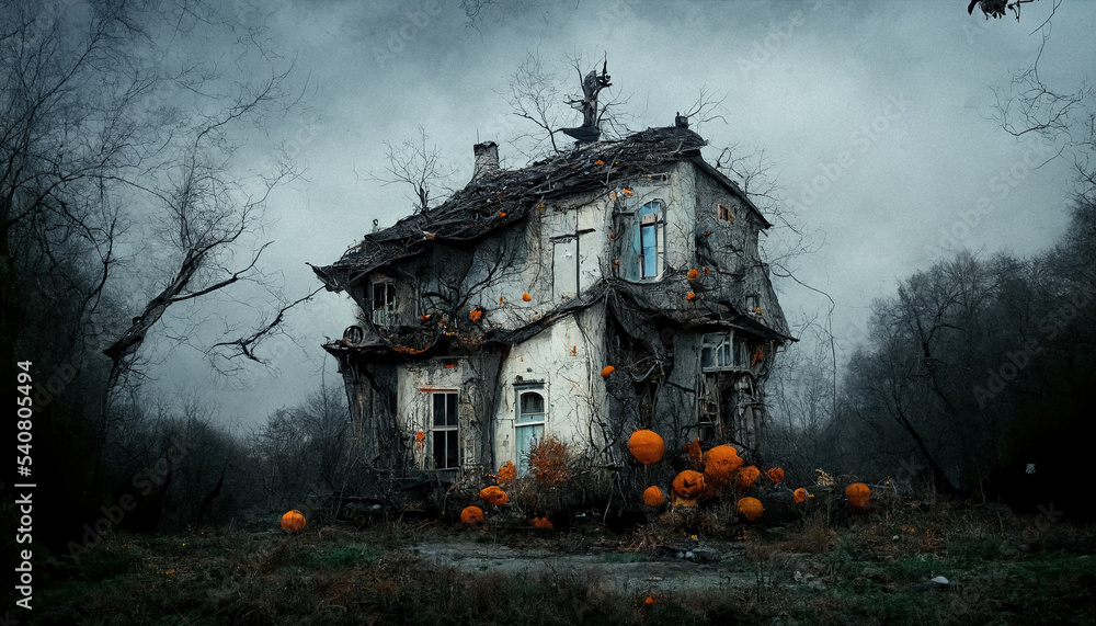 Abstract drawing of a creepy haunted old Halloween house fairy tale ...