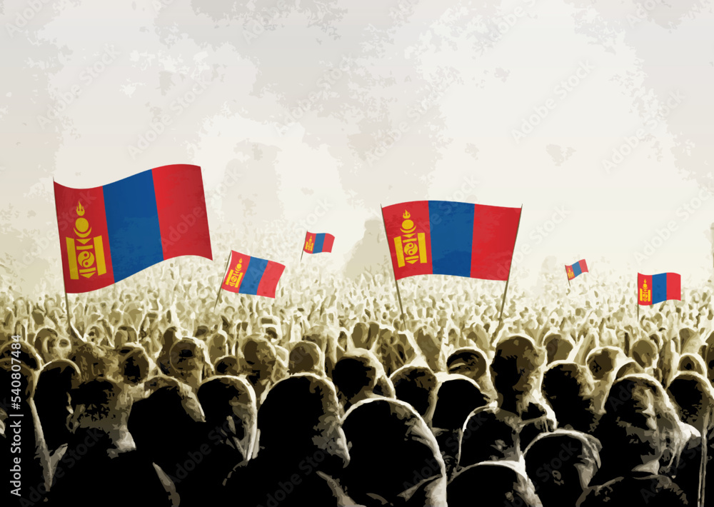 Crowd with the flags of Mongolia, people cheering national team of ...